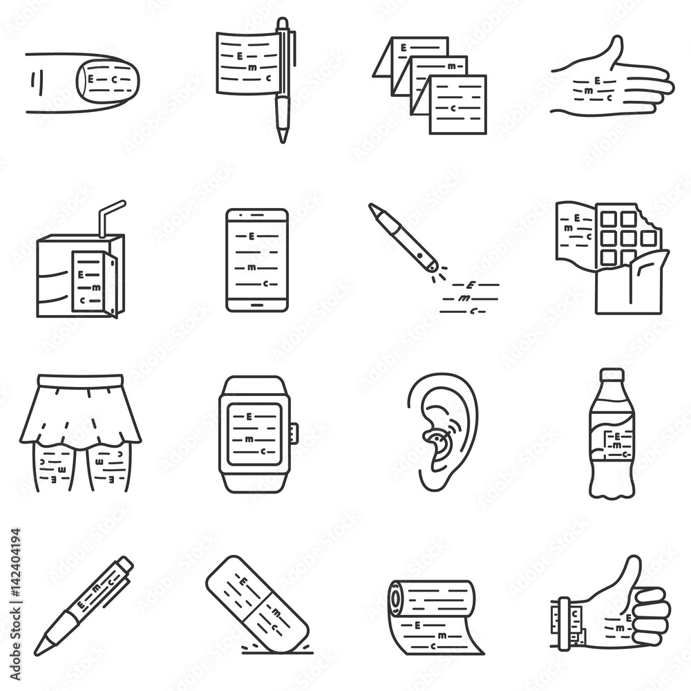 Cheat sheet, icons set. Writing off on the exam, thin line design ...