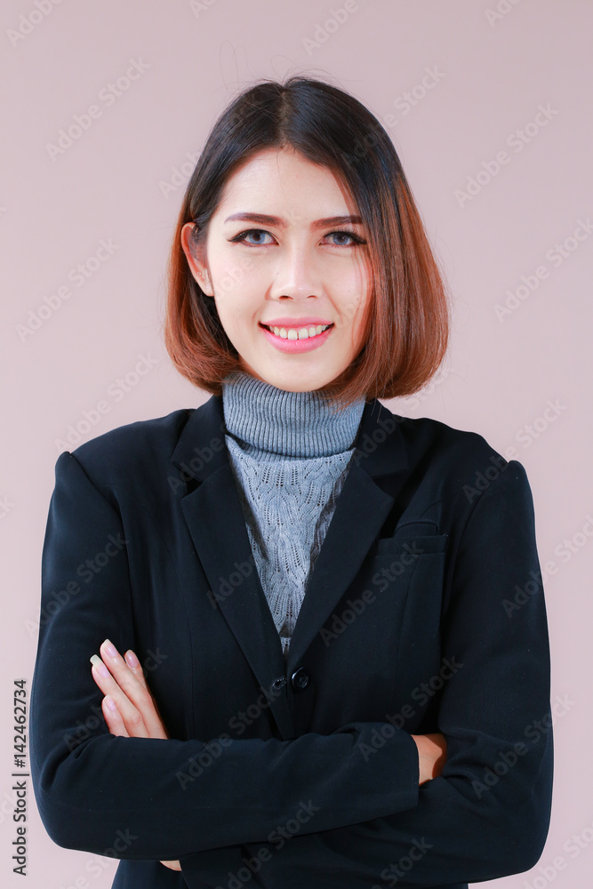 Modern business women confident pose with space pink background ...
