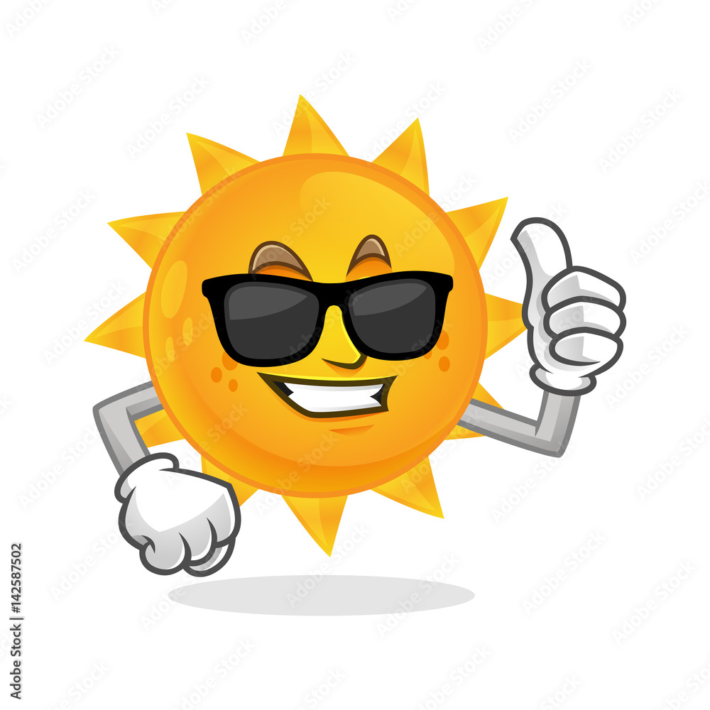cool thumb up sun mascot wearing sunglasses, sun character, sun cartoon ...