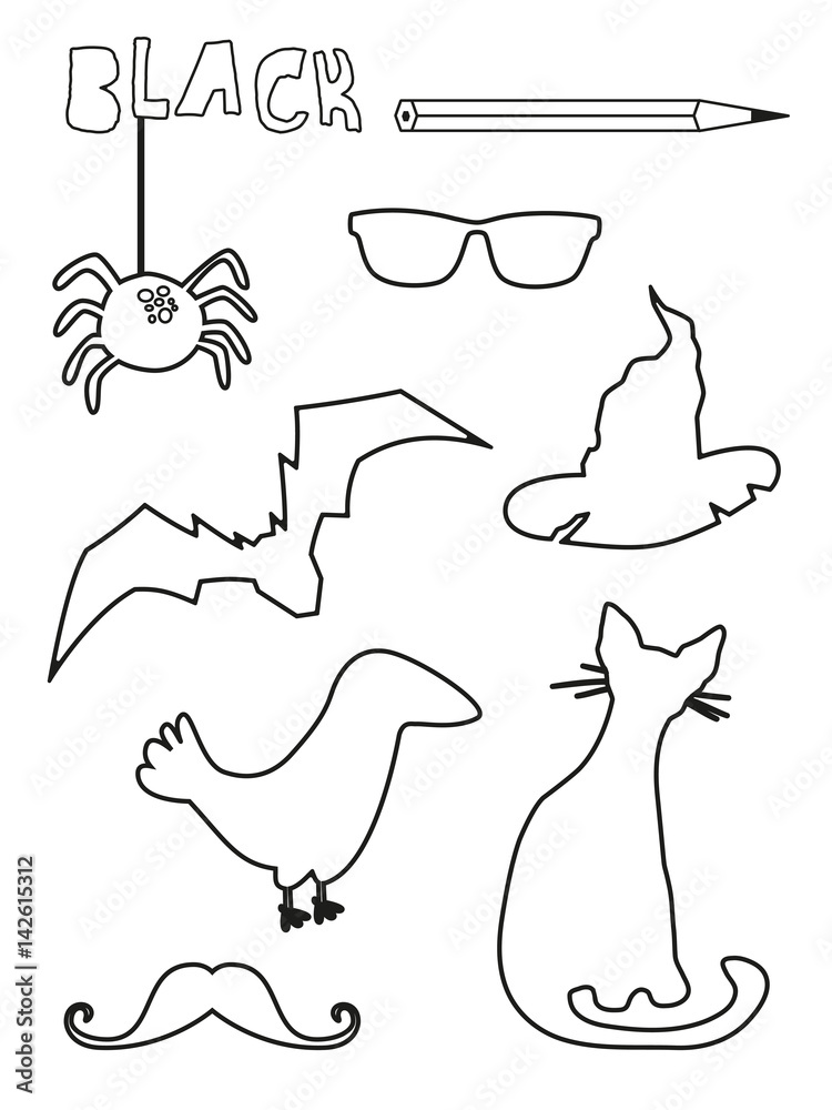 Coloring page, black things set. Single color worksheets spider, bat ...