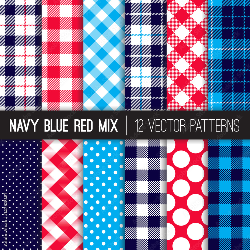 Patriotic Red, White, Blue Polka Dots, Gingham and Tartan Plaid Vector ...