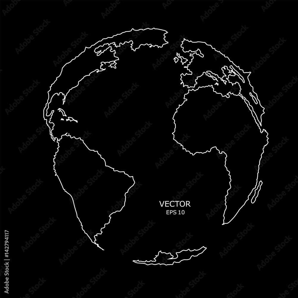Abstract drawing of planet Earth. White lines on a black background ...