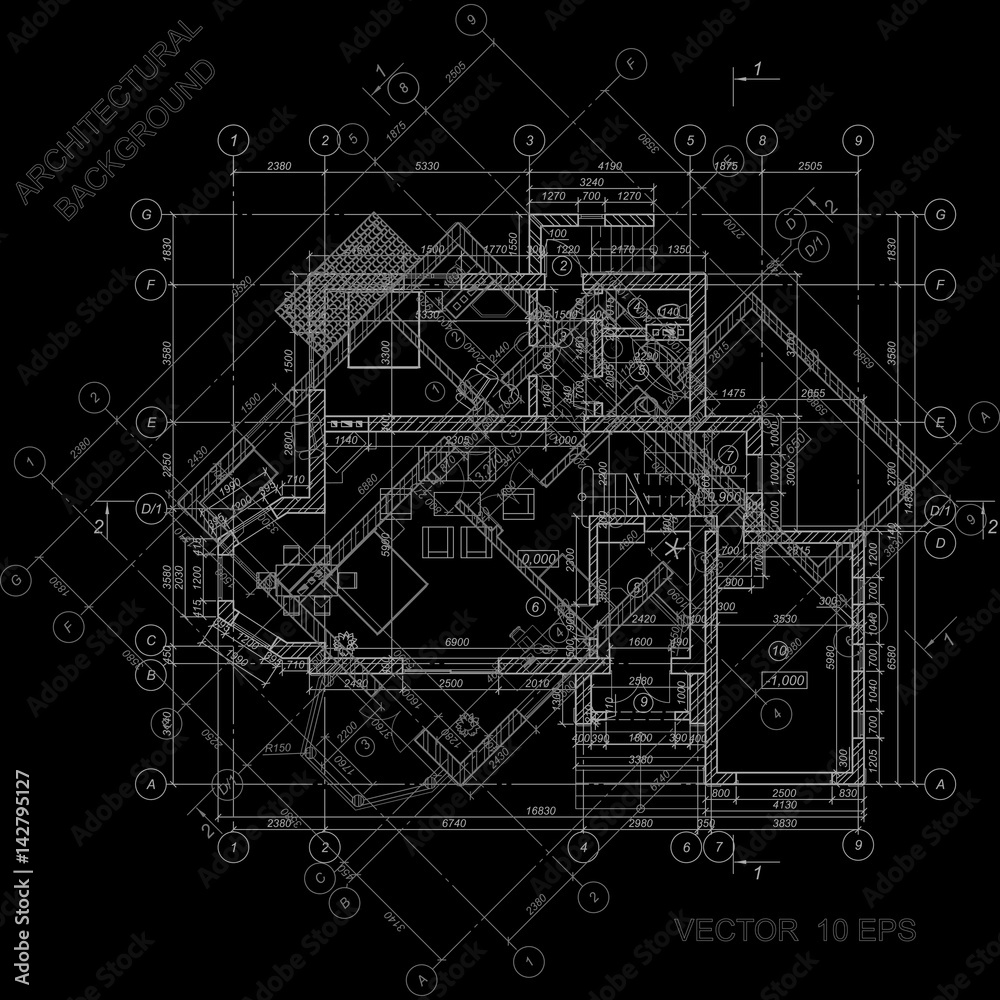 Detailed architectural plan on black. Vector blueprint. Architectural ...