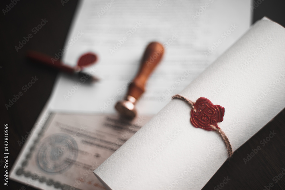 Notary's public pen and stamp on testament and last will. Notary public ...