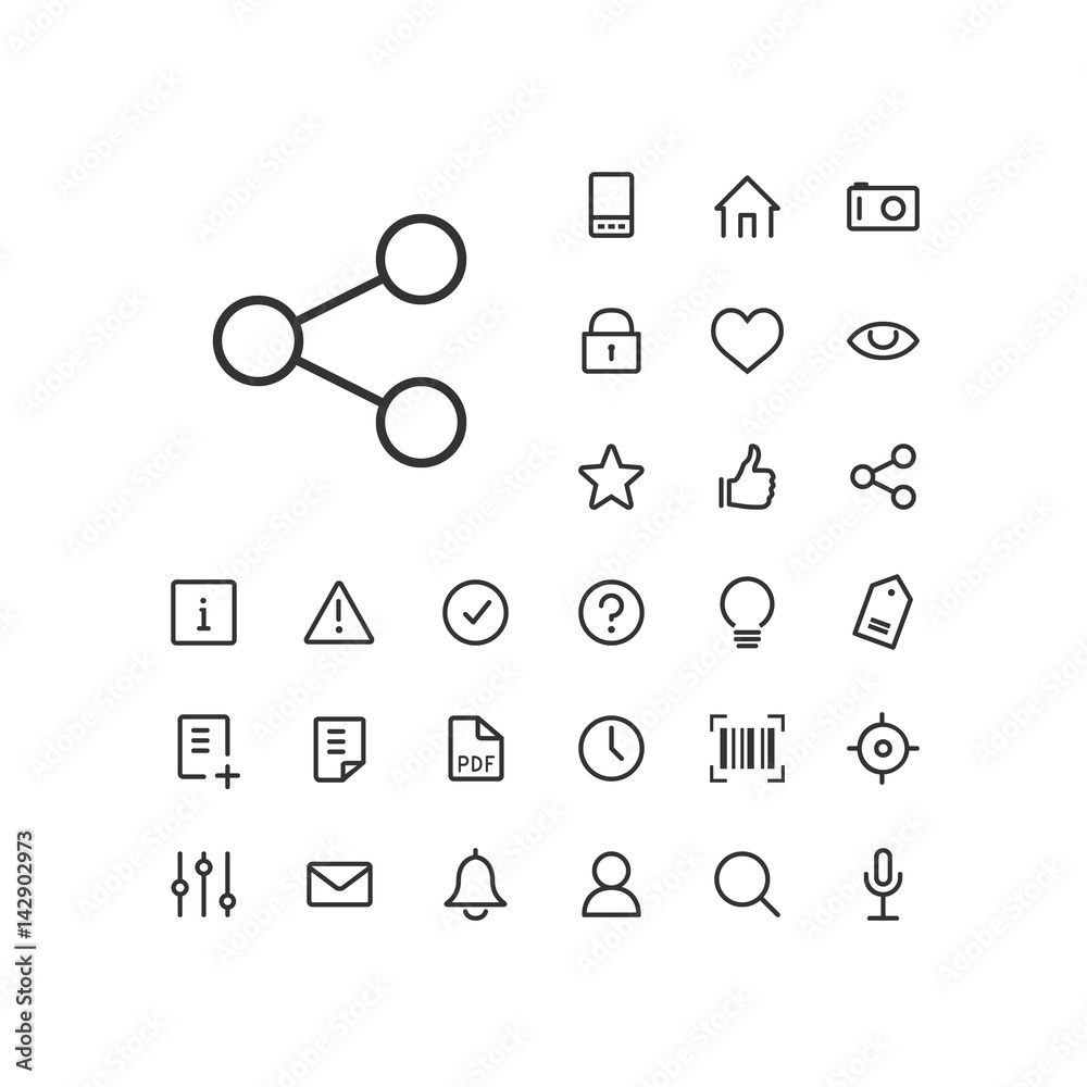 Share icon in set on the white background. Universal linear icons to ...