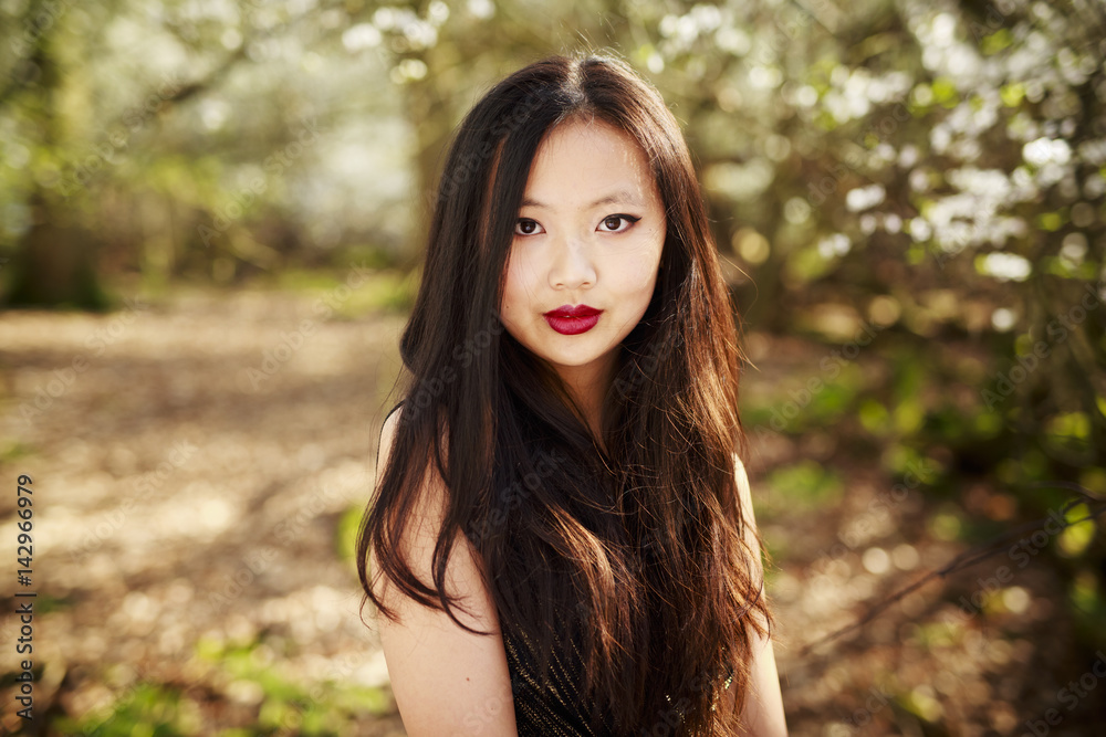 Portrait of a beautiful Chinese, Oriental woman with beautiful eyes and ...