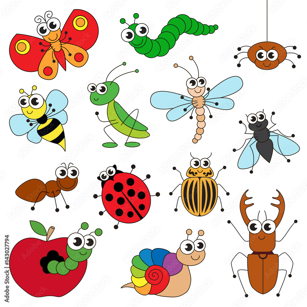 Cute small insects set, the collection of coloring book template, the ...