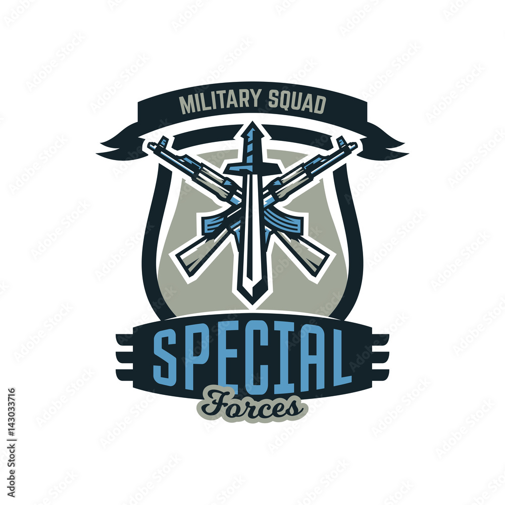 Logo, emblem, military weapons, machine guns. Vector illustration ...