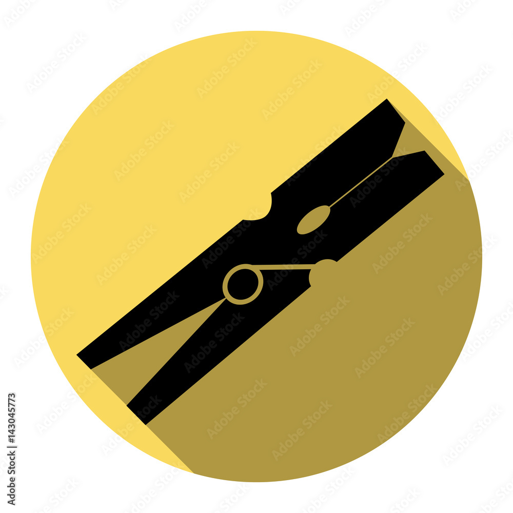 Clothes peg sign. Vector. Flat black icon with flat shadow on royal yellow circle with white ...