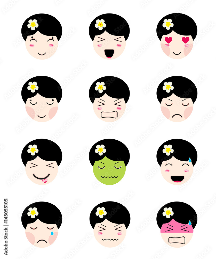 Cute emoji collection. Kawaii asian girl face. Set of flat emoticon in ...