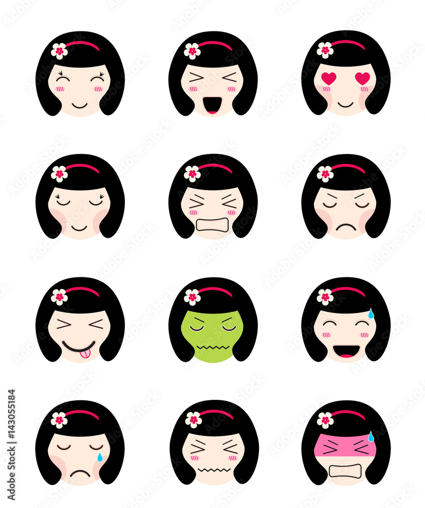 Cute emoji collection. Kawaii asian girl face. Set of flat emoticon in ...