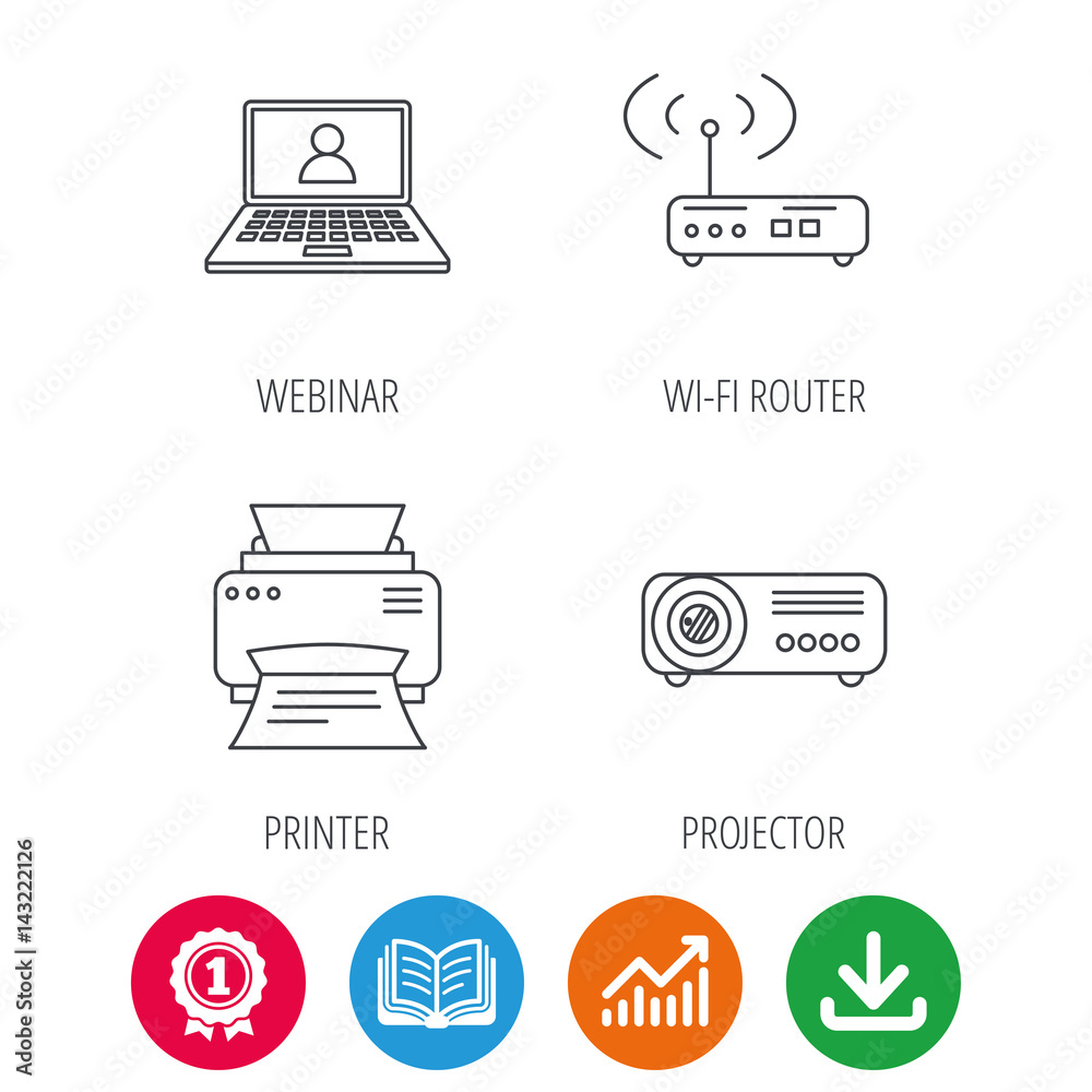 Printer, wi-fi router and projector icons. Webinar linear sign. Award ...