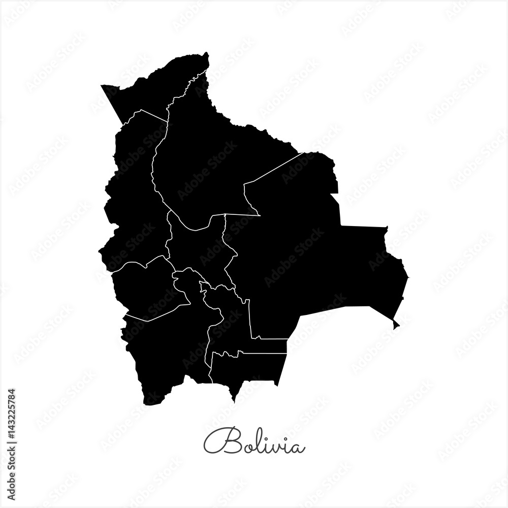 Bolivia region map: black outline on white background. Detailed map of ...