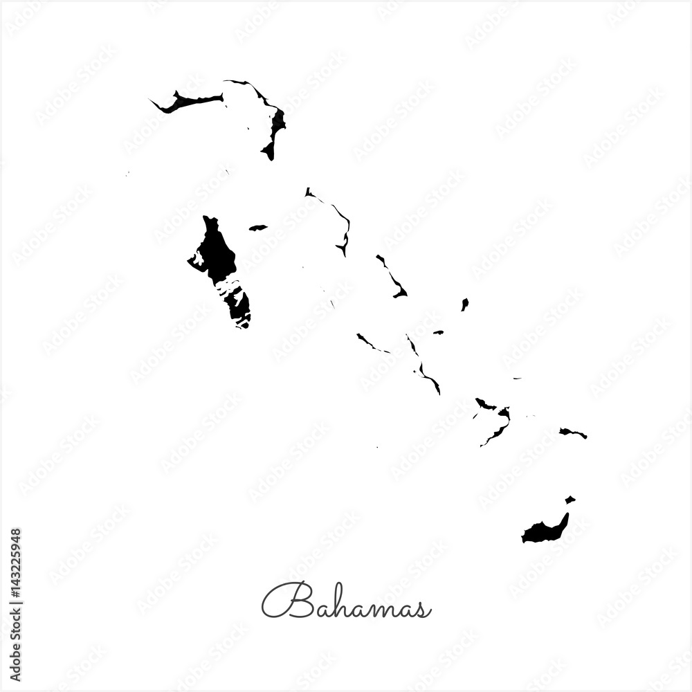 Bahamas region map: black outline on white background. Detailed map of ...