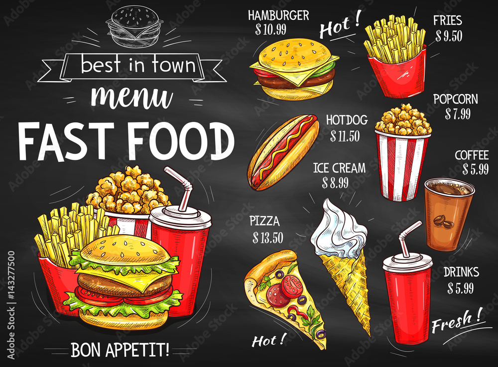 Vector de Stock Fast food restaurant menu chalkboard design | Adobe Stock