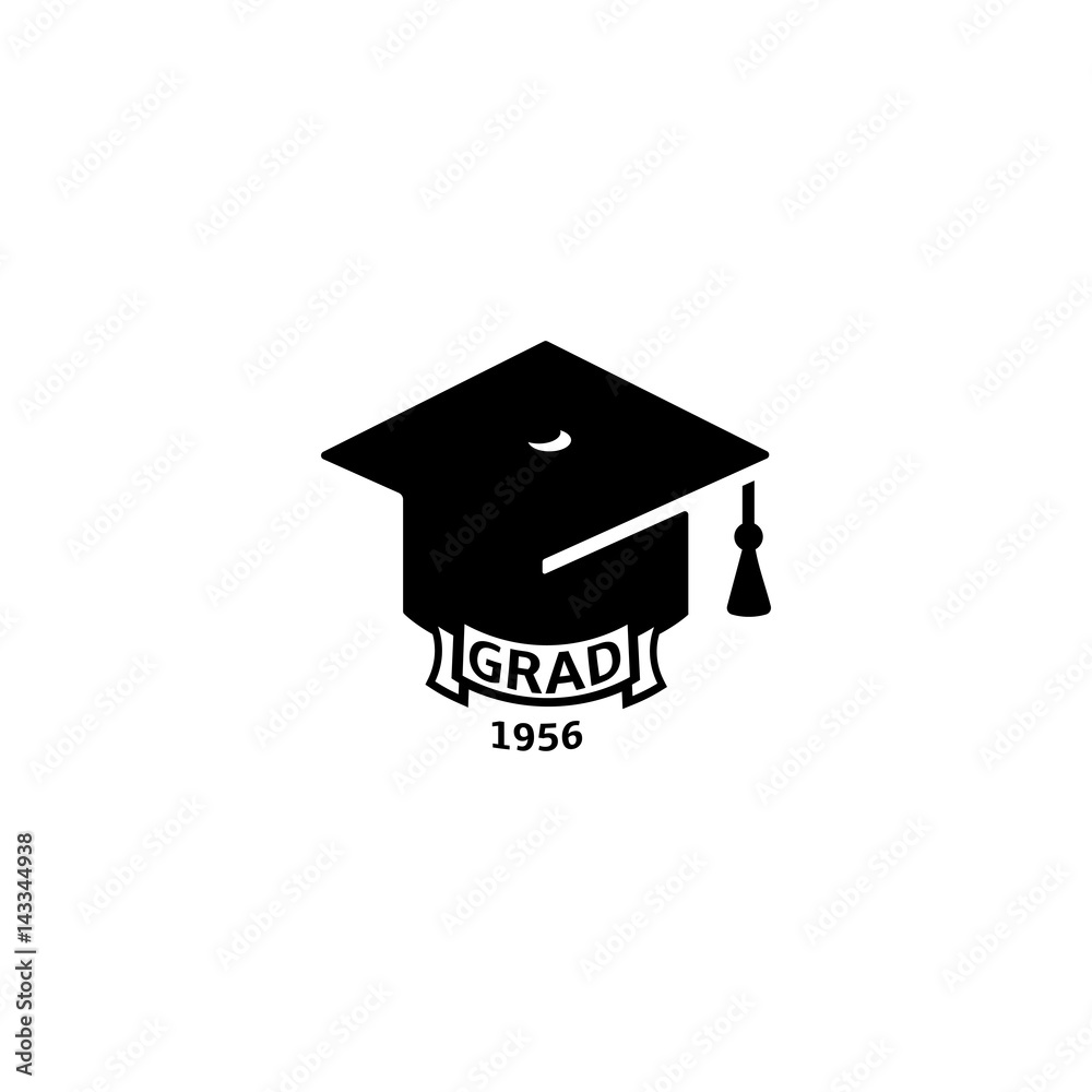 Isolated black and white color bachelor hat with word grad logo ...