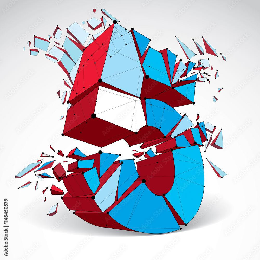 3d vector digital wireframe number 5 broken into different particles ...