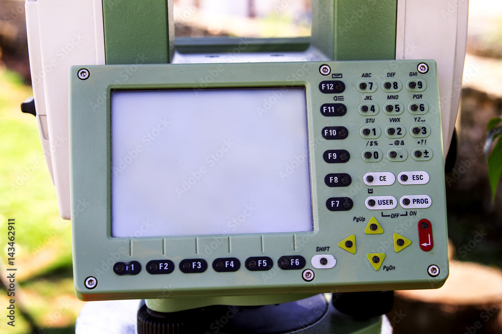 Part of total station instruments display and keyboard. Survey ...
