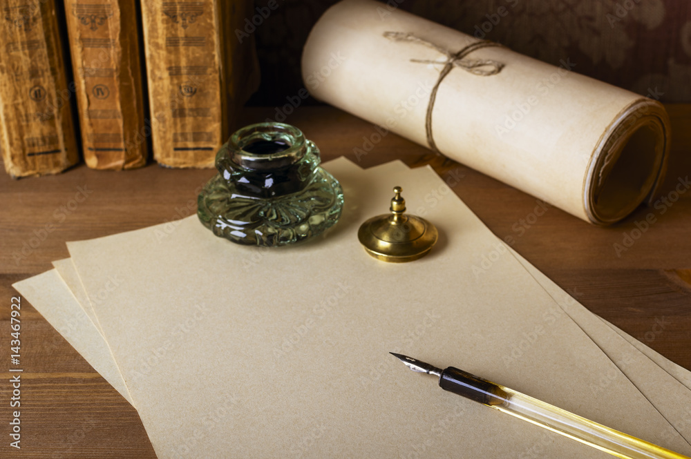Still life with pen, old paper and inkwell Stock Photo | Adobe Stock