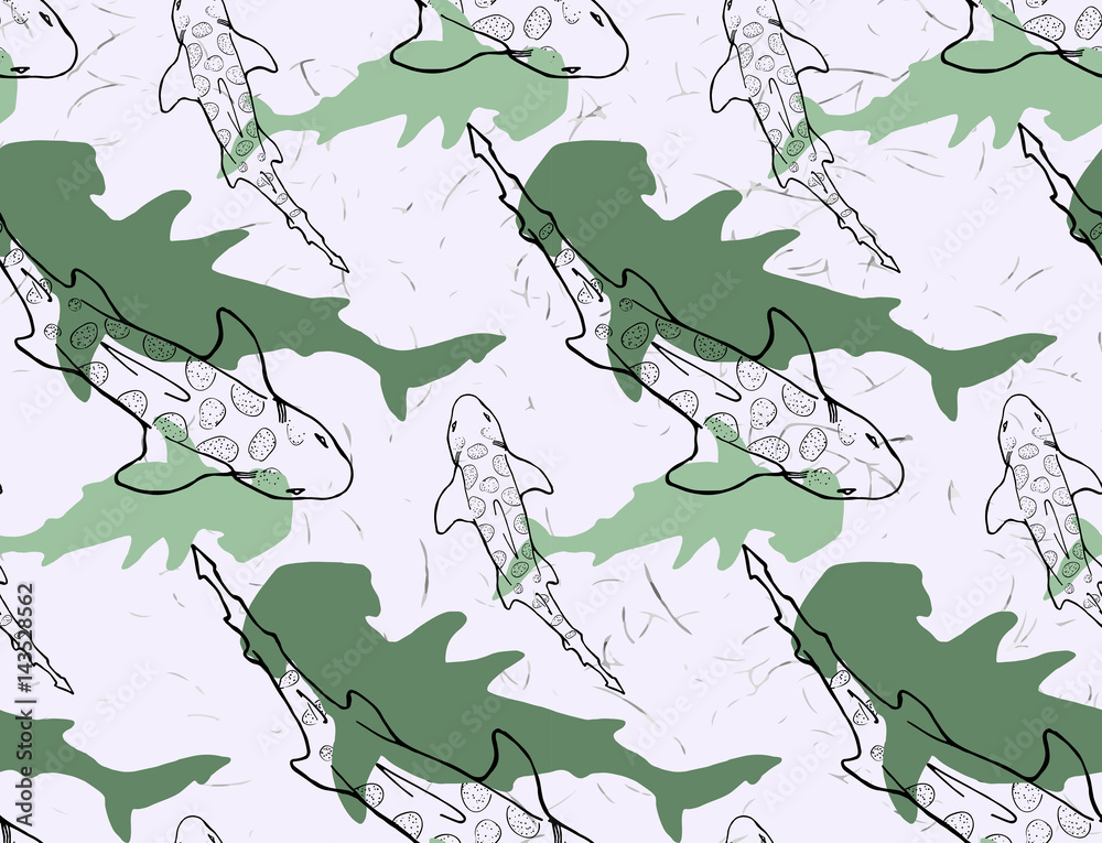 seamless pattern with hand drawn contours and silhoettes of leopard ...