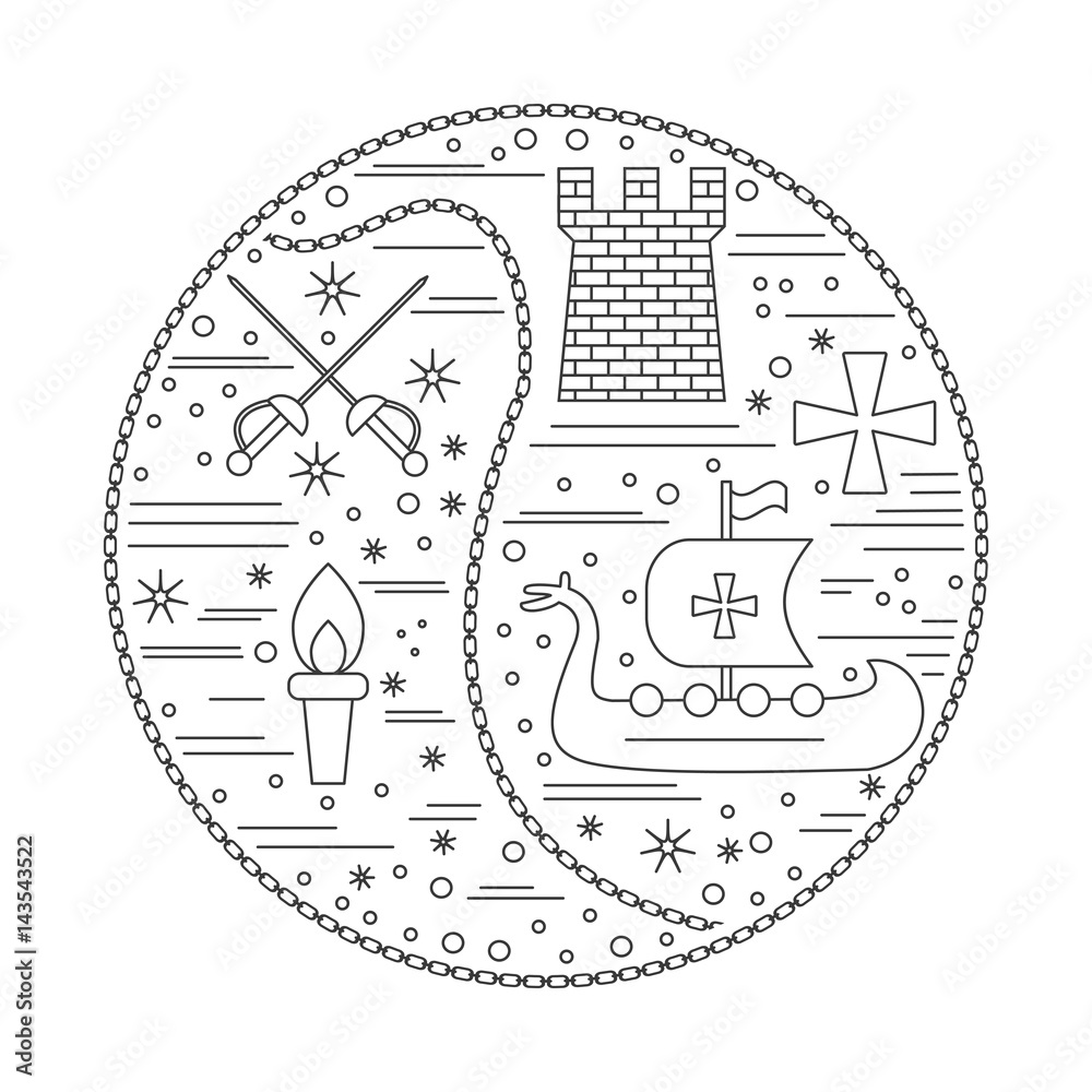 Medieval icons, symbols in round composition. Crossed sabres, medieval ...