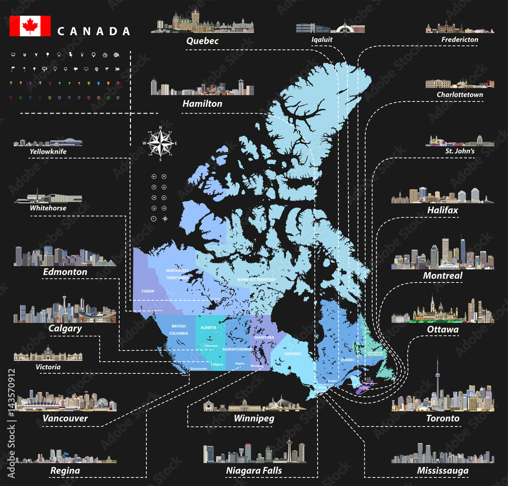 Canada provinces and territories vector map with largest cities and all ...