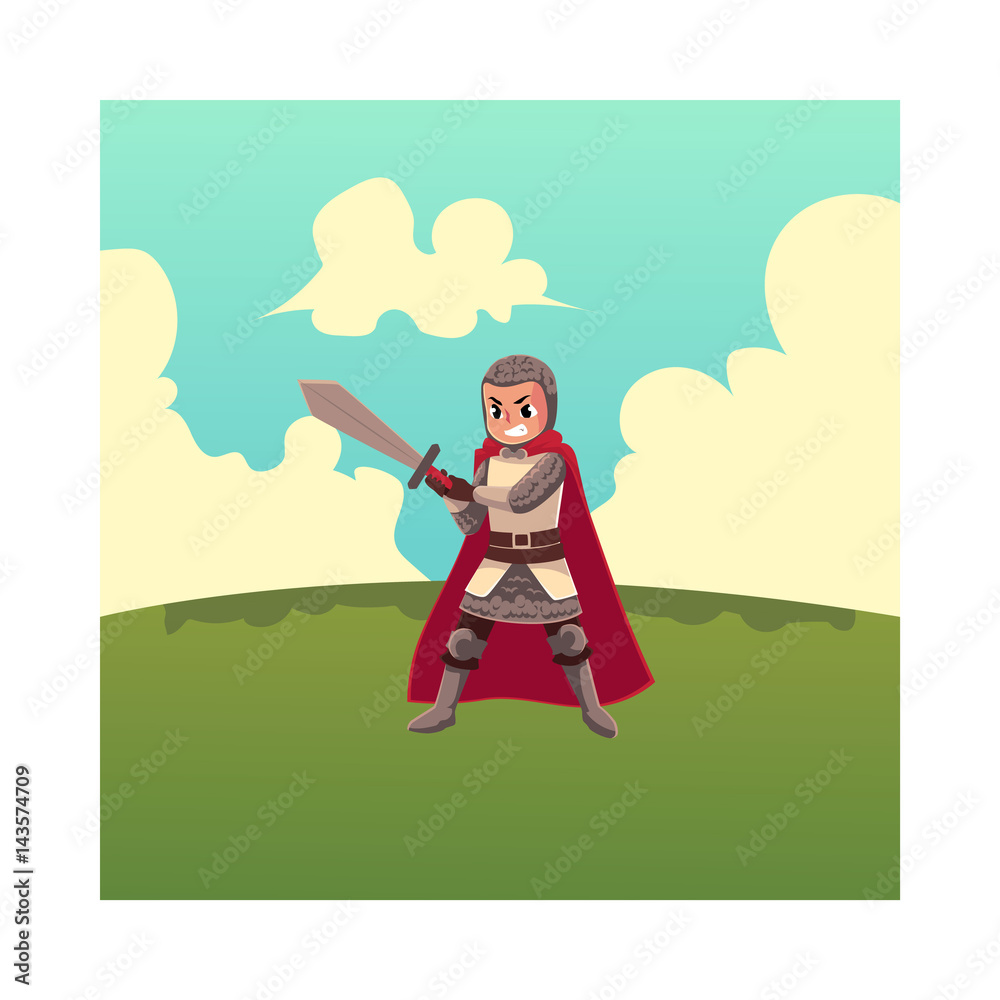 Medieval knight child, sword bearer, squire in chain armor, cartoon ...