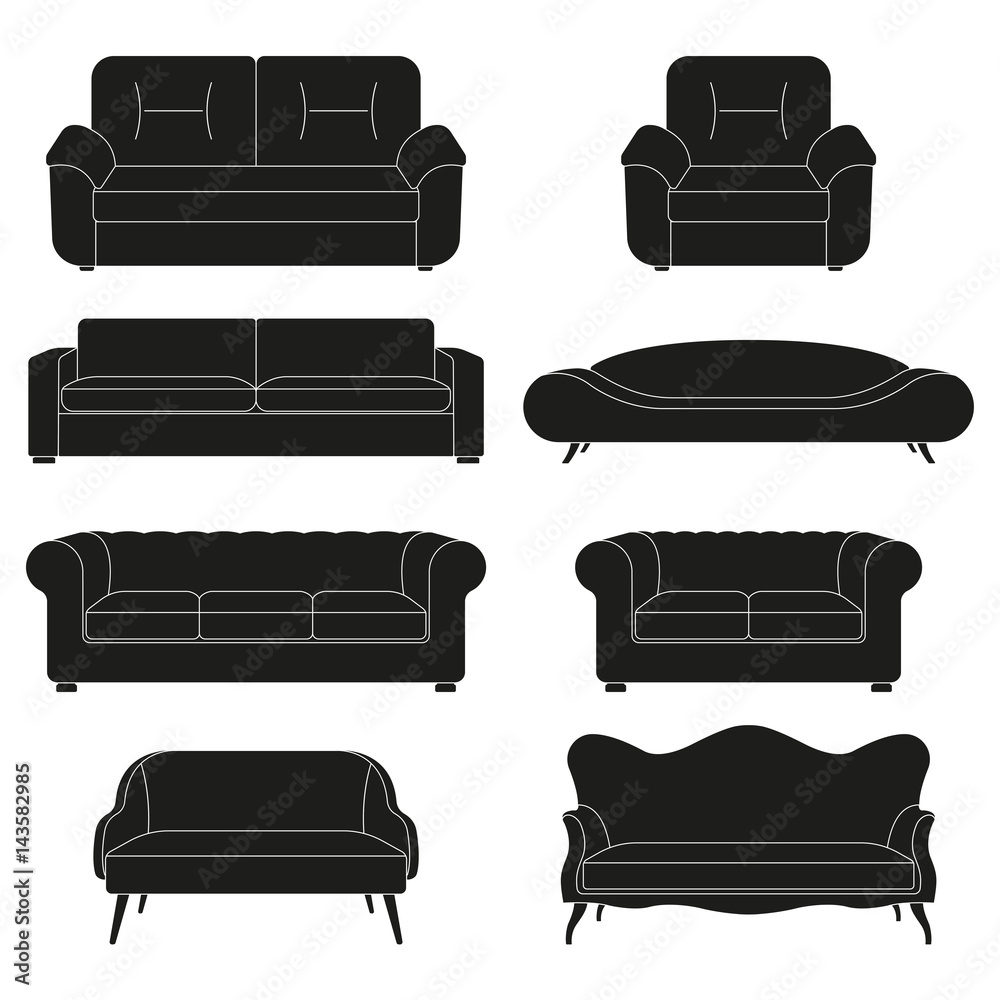 Sofa icon set. Modern, vintage and retro sofa collection. Furniture ...