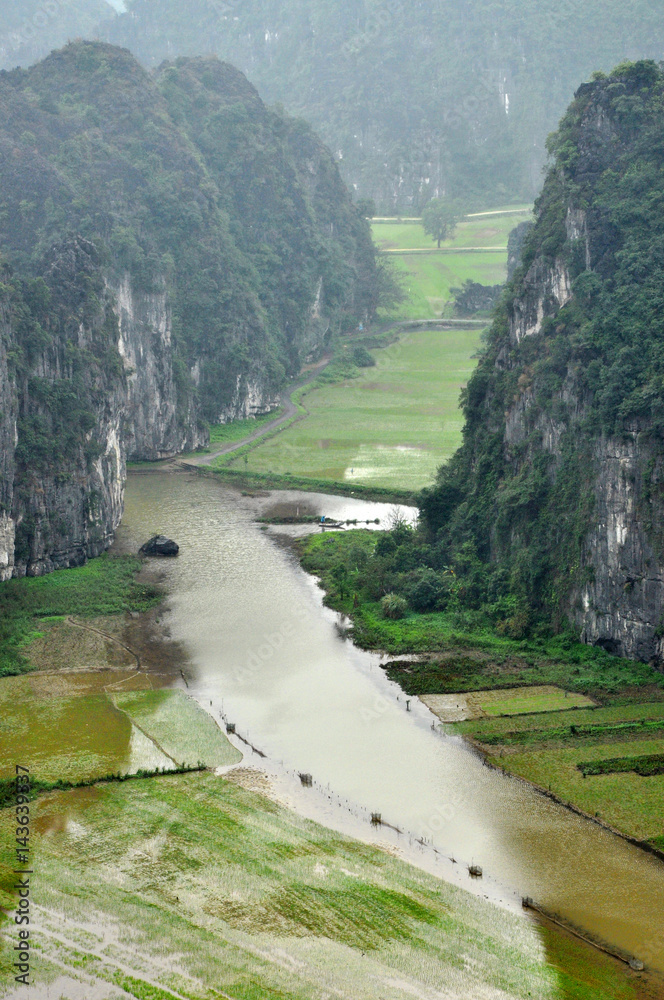 Panorama view of rice fields and limestone rocks and from Hang Mua ...