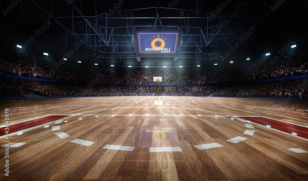 Professional basketball court arena in lights with fans 3d rendering ...