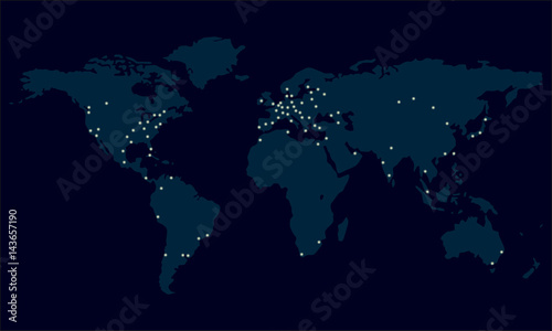 World map with city lights. Night view of Earth map with glowing city ...