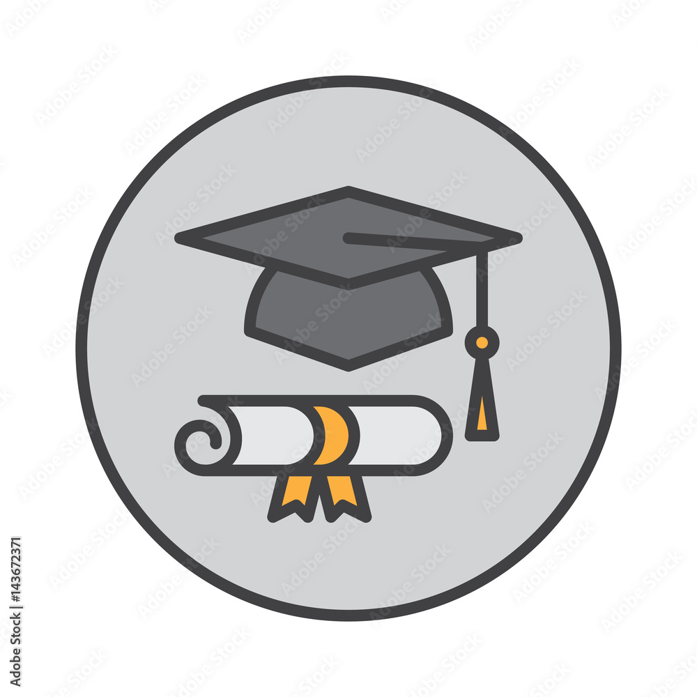 Graduation hat and diploma filled outline icon, round colorful vector ...