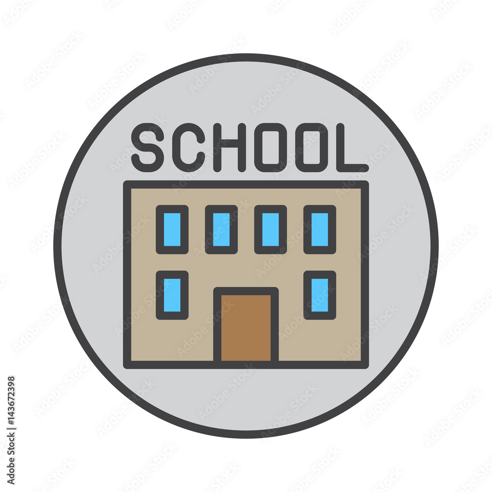 School building filled outline icon, round colorful vector sign ...