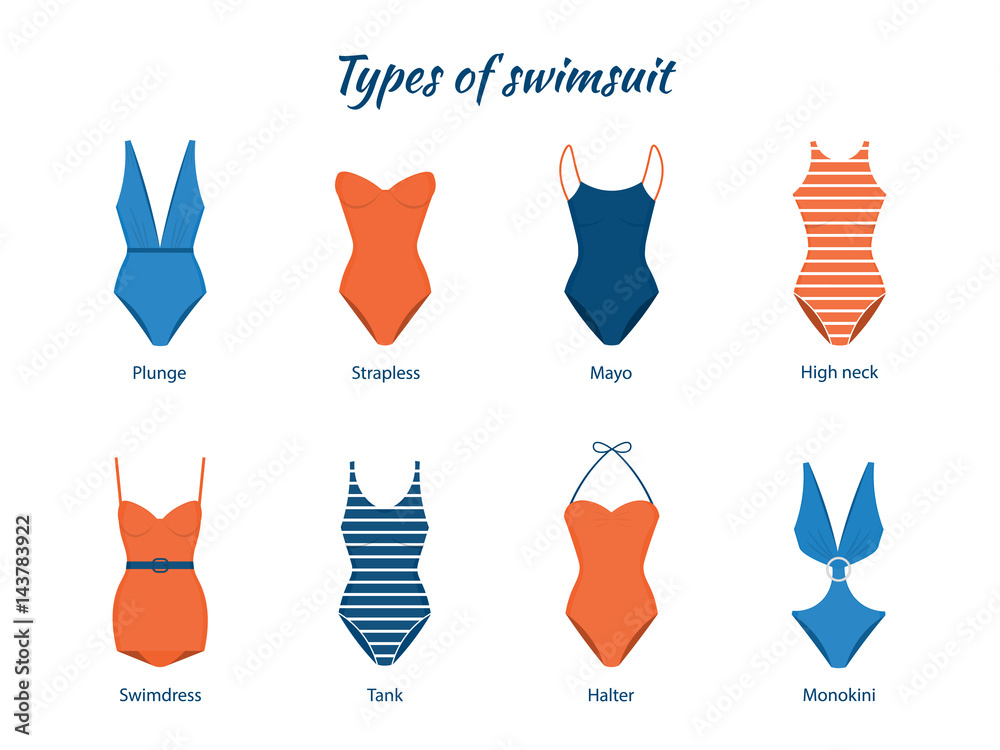 Vector Illustration of one piece swimsuits. Various types of women beach clothes. Modern and retro models. Stock Adobe Stock