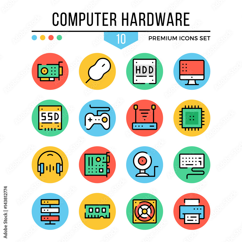 Computer hardware, computer components icons. Modern thin line icons ...