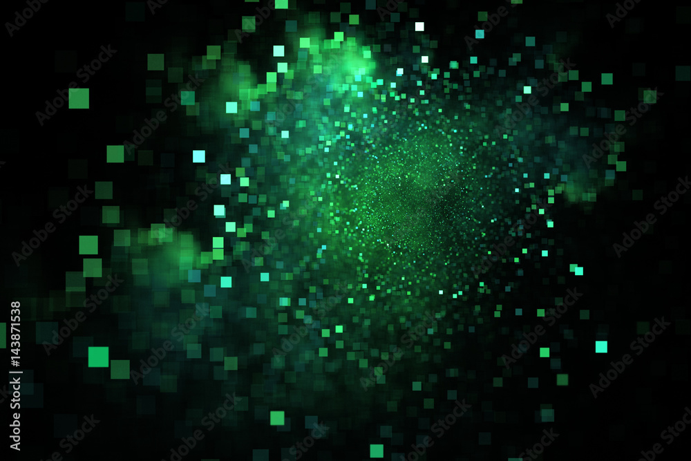 ภาพประกอบ Stock Abstract green square bokeh on black background. Fantasy fractal texture ...