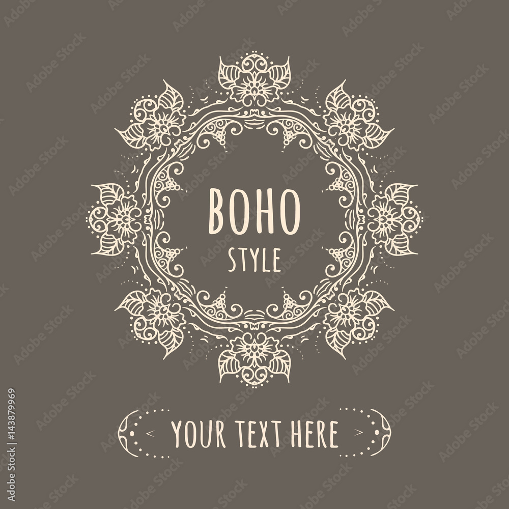 Hand drawn Boho style frame teal background with place text. Circle ...