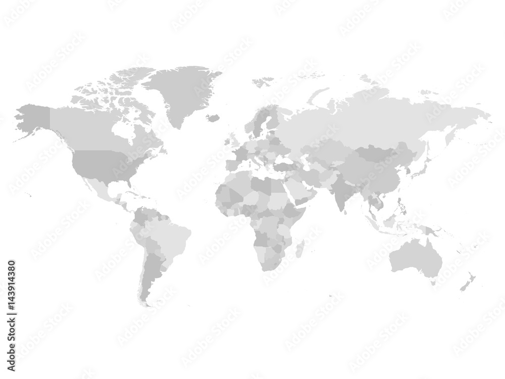 World map in four shades of grey on white background. High detail blank ...