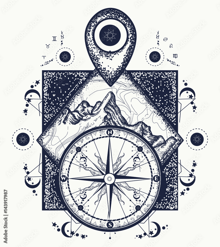 Mountain, map pointer and compass tattoo Adventure, travel, outdoors ...