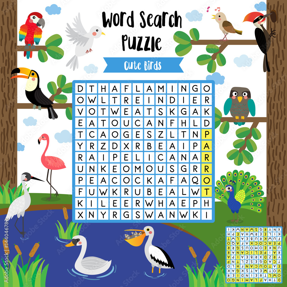 Words search puzzle game of cute birds animals for preschool kids ...