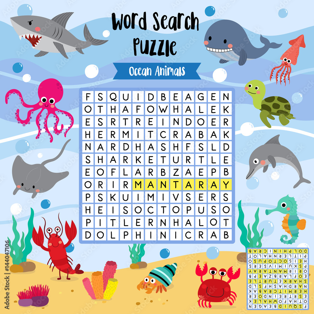 Words search puzzle game of ocean animals for preschool kids activity ...