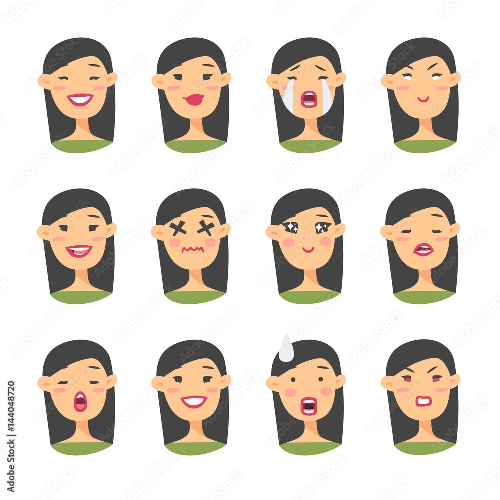 Set of asian emoji character. Cartoon style emotion icons. Isolated ...