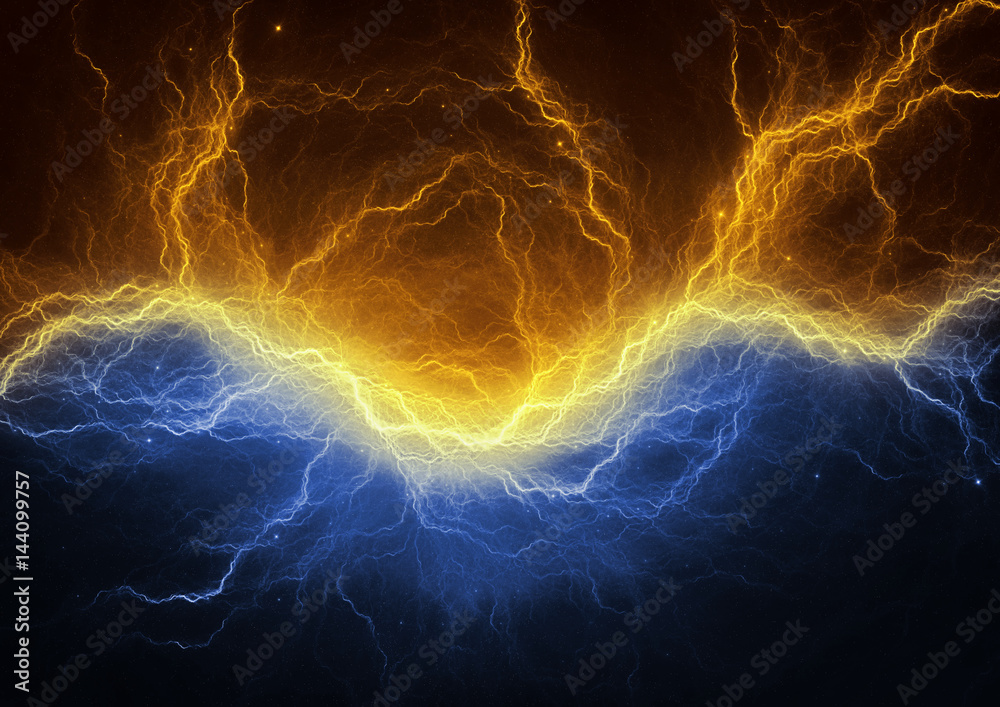Gold and blue electric lightning - abstract electrical background Stock ...