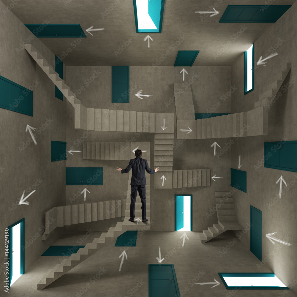 Confused businessman in a room full of doors, stairs and arrows Stock ...