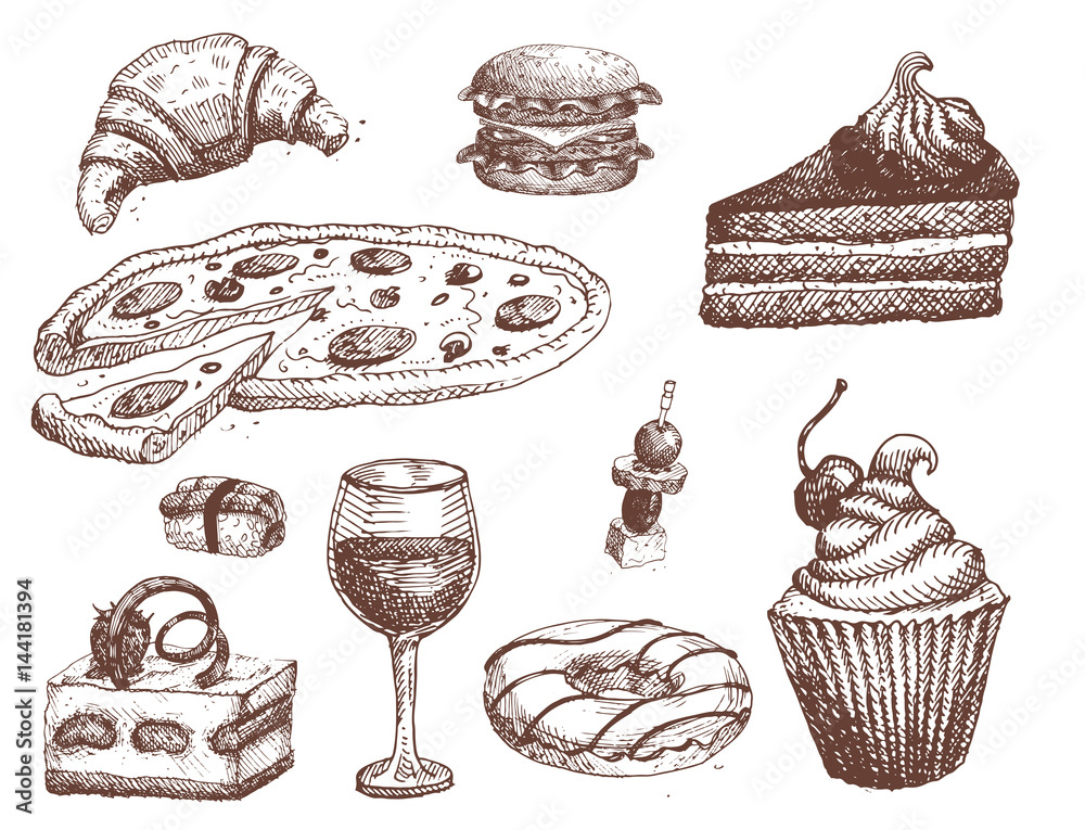 Hand drawn food sketch for menu restaurant product and doodle meal ...