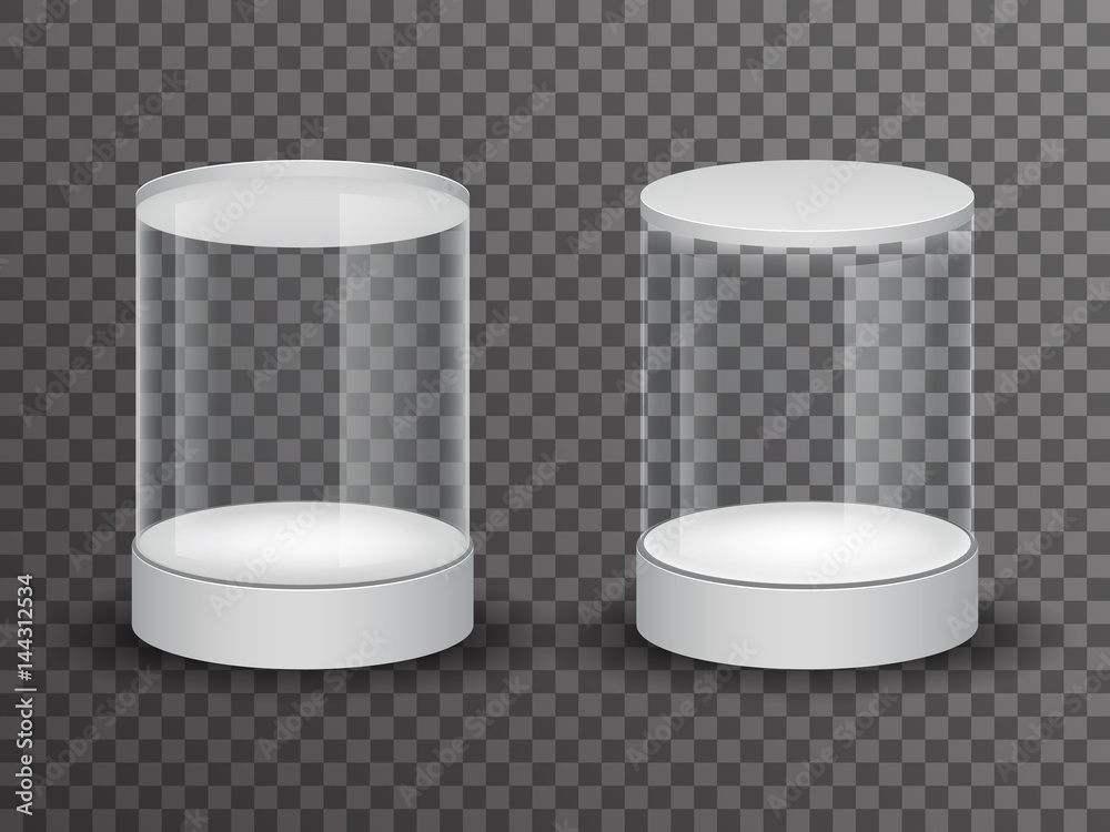 Round glass showcase box isolated 3d realistic shop mockup transparent ...