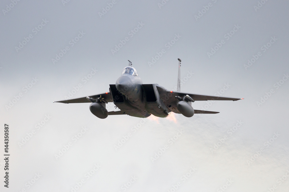Military fighter jet plane low flyby with afterburner Stock Photo ...