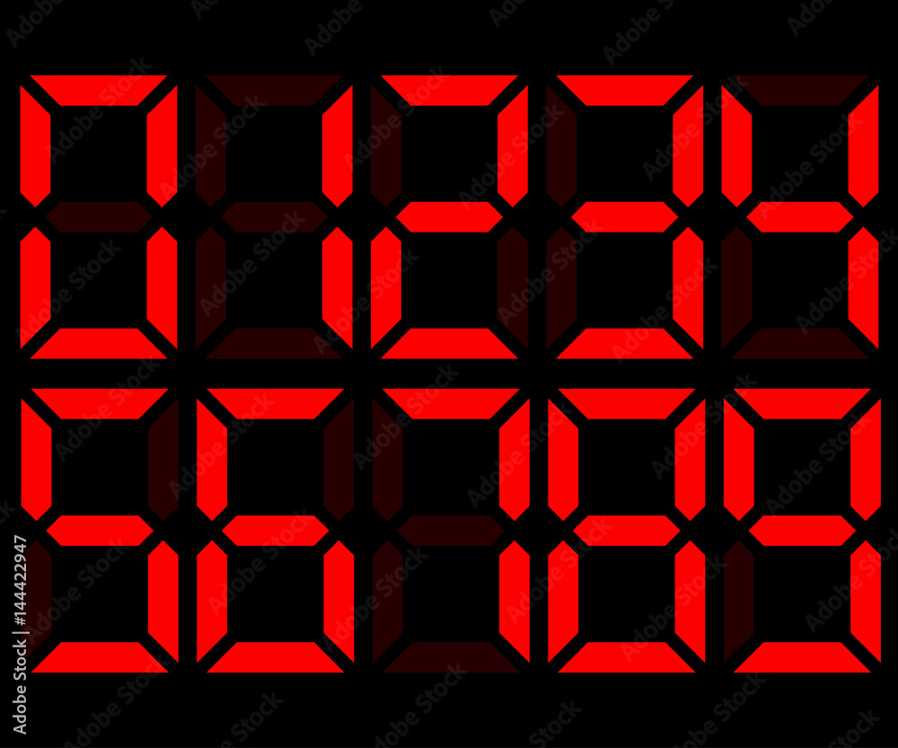 Red electronic digital numbers 0-9. Scoreboard, calculator, clock ...
