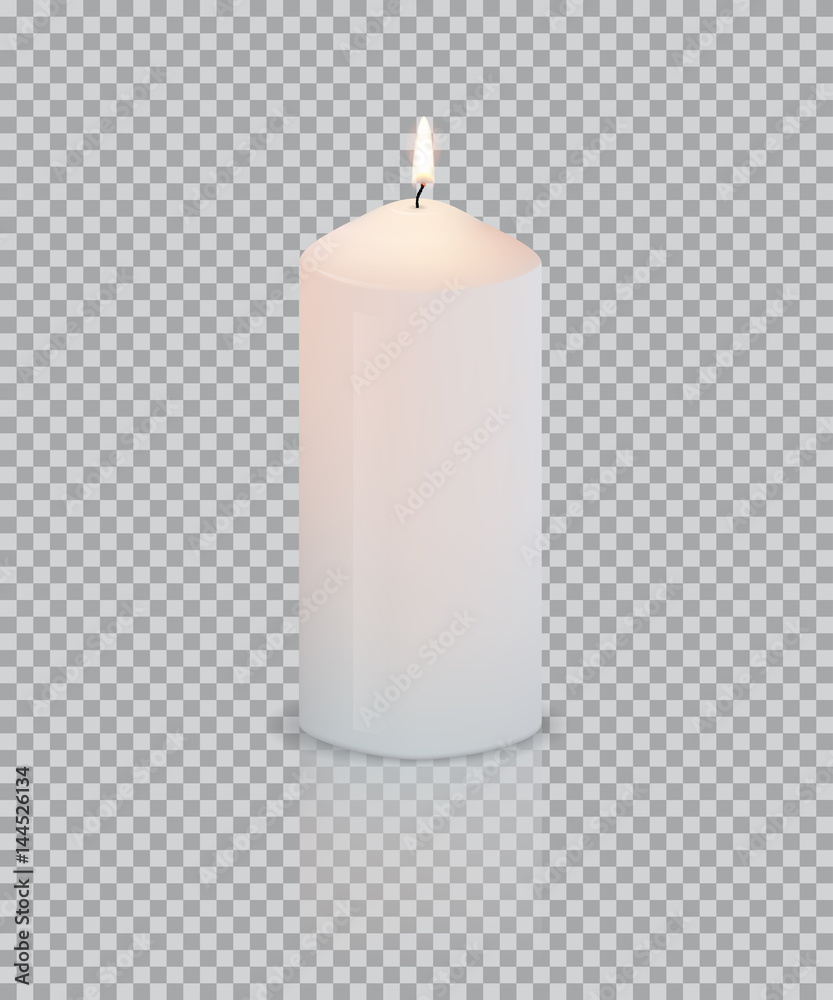 Realistic vector white candle with fire on transparent background ...
