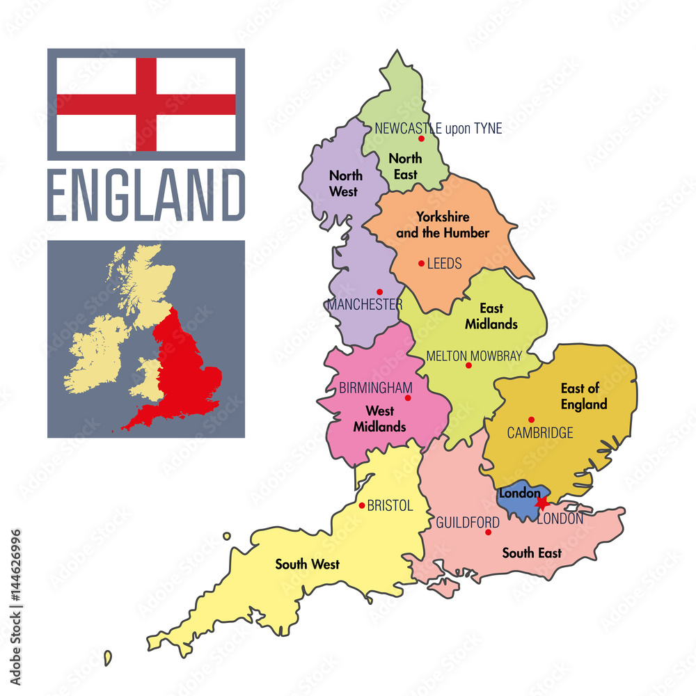 Political map of England with regions and their capitals Stock Vector ...